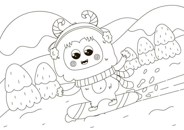 Coloring Page: Cute Yeti Snowboarding - Fun Free Coloring Pages